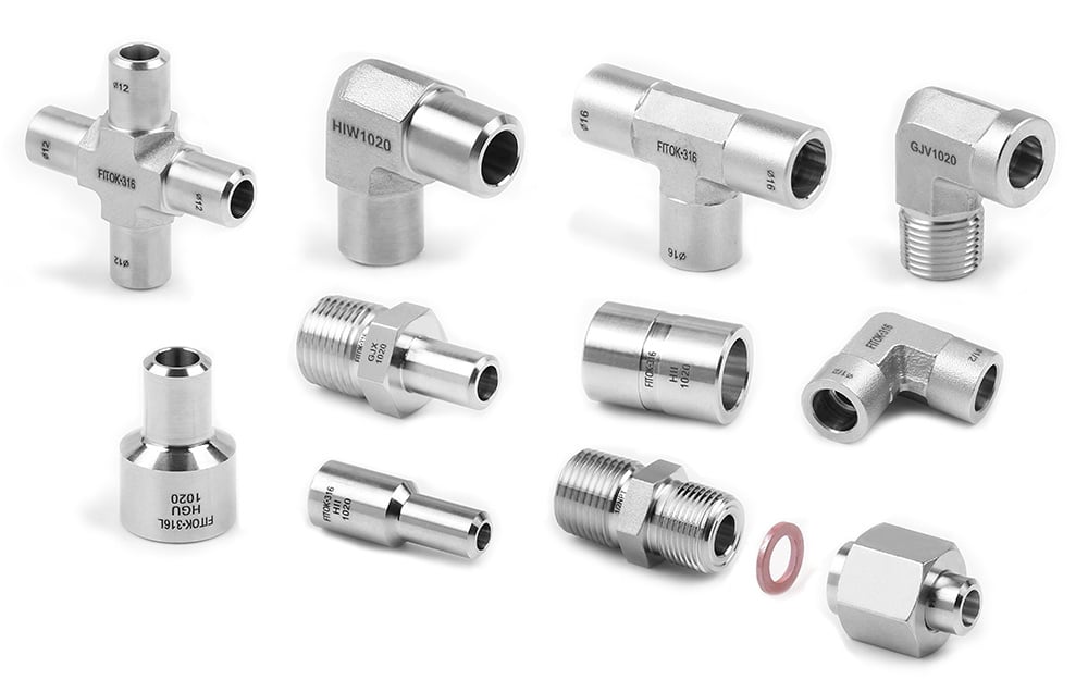 Compression fittings, weldable, and threaded fittings